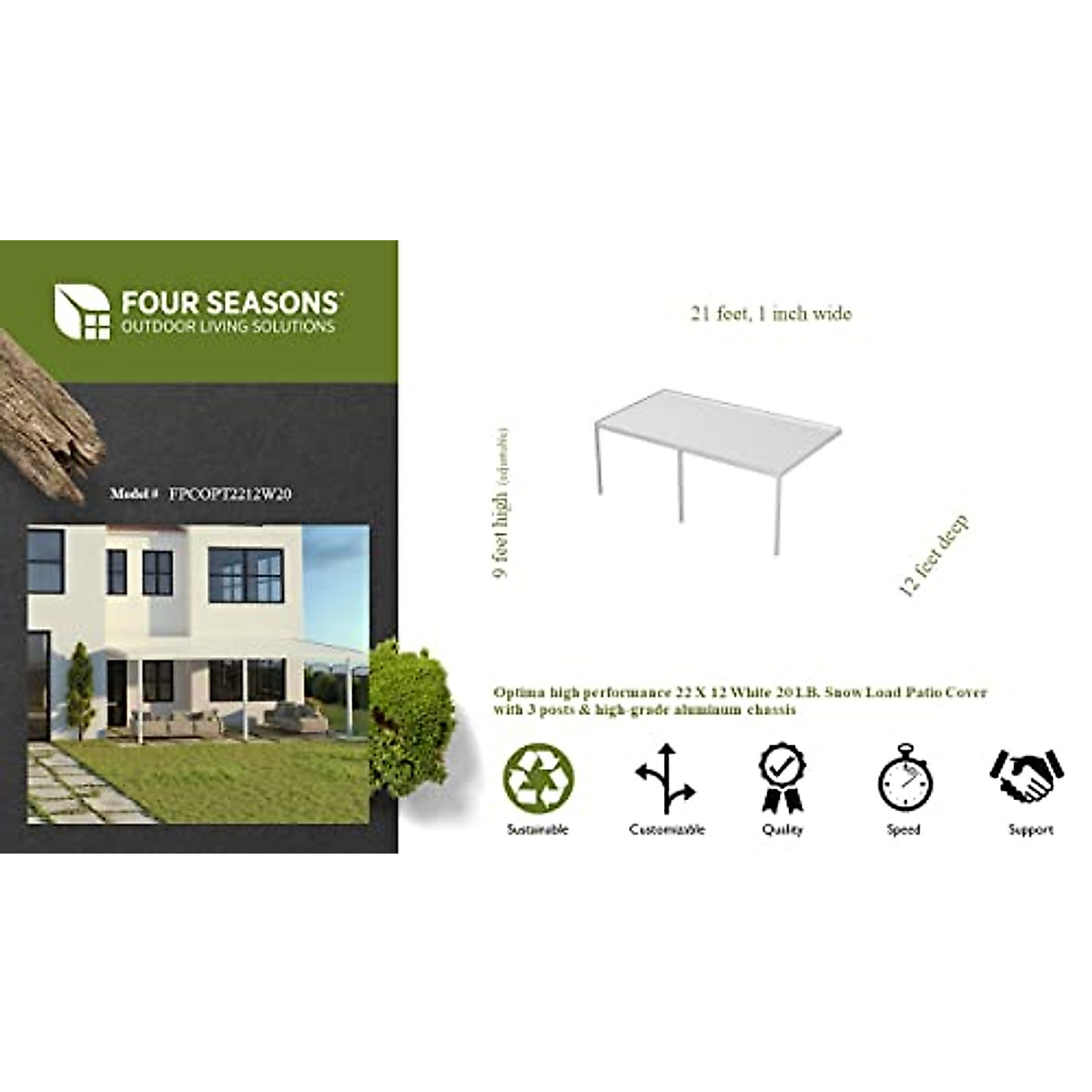 Four Seasons Outdoor Living Solutions Optima Series 22X12ft High-Grade Aluminum Attached Solid Outdoor Patio Cover Awning, 3 Posts, 20 Lb. Snow Load, White