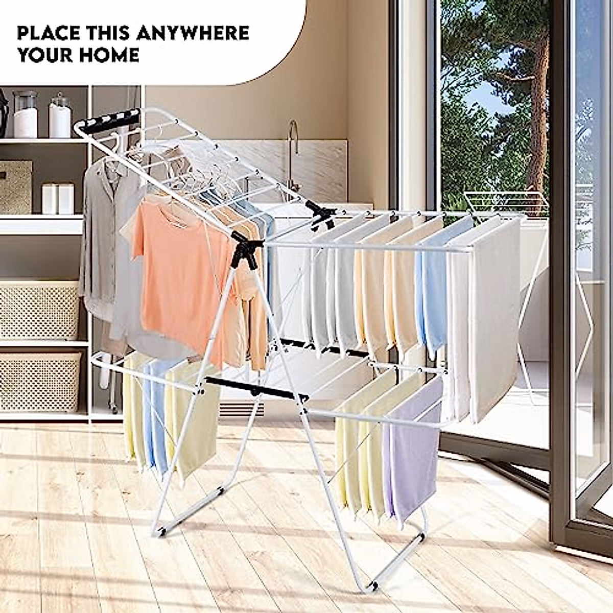 JADecor Home Clothes Drying Steel Rack, 2-Level Foldable Clothes Drying Rack with Adjustable Gullwing, 33 Drying Rails, Sock Clips, Freestanding Laundry Rack