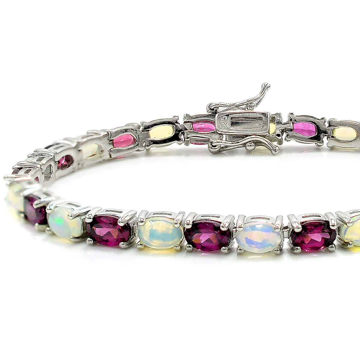 6X4 MM Oval Cut Natural Red Rhodolite Garnet Ethiopian Opal Gemstone 925 Sterling Silver January Birthstone Women Jewelry Tennis Bracelet Wedding Gift For Bridal Gift Christmas Gift For Girlfriend Gift (Rhodium Plated Silver, 6.5 Inches)
