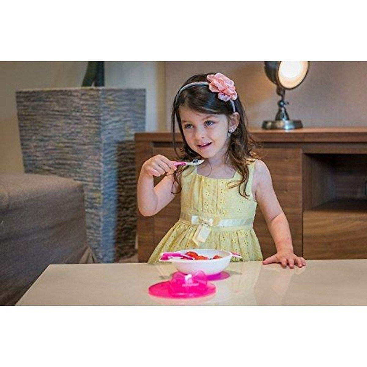 Baby Suction Bowl with Lid Snap-in Fork & Spoon - BPA Free First Stage Self Feeding Utensils - by Primo Passi |Yellow|