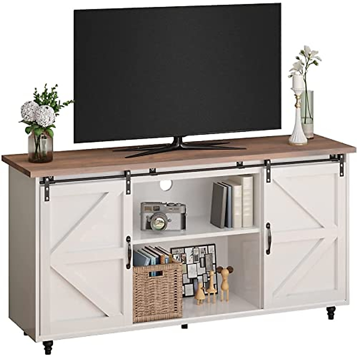 Catrimown White Sideboard Buffet Cabinet 58” Sideboard and Buffet with Storage Sliding Barn Door Kitchen Buffet Storage Cabinet Farmhouse Coffee Bar Cabinet Credenza for Living Room Entryway, White