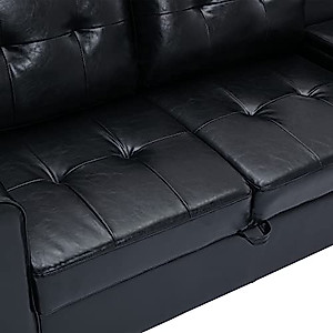 FANYE L-Shaped Corner Sectional Reversible Storage Chaise, Modern Convertible Sofa & Couch W/Headrest and Cupholders for Home Apartment Office Living Room, Black PU Leather
