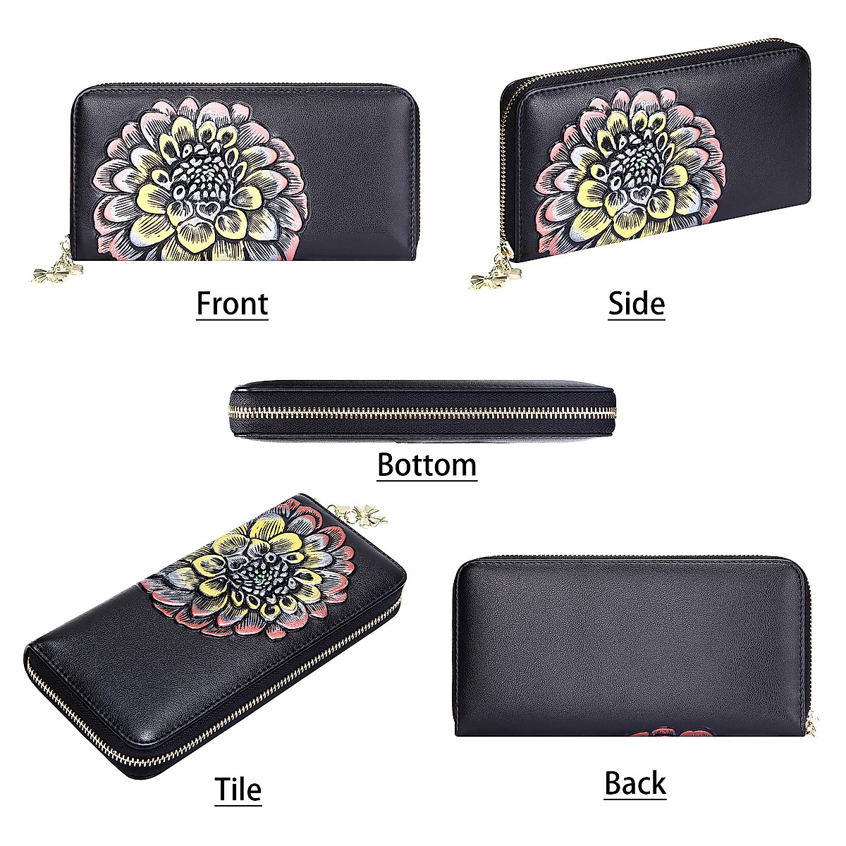 FEITH&FELLY Women RFID Blocking Wallet Embossed Genuine Leather Wristlet Clutch Purse Handbag