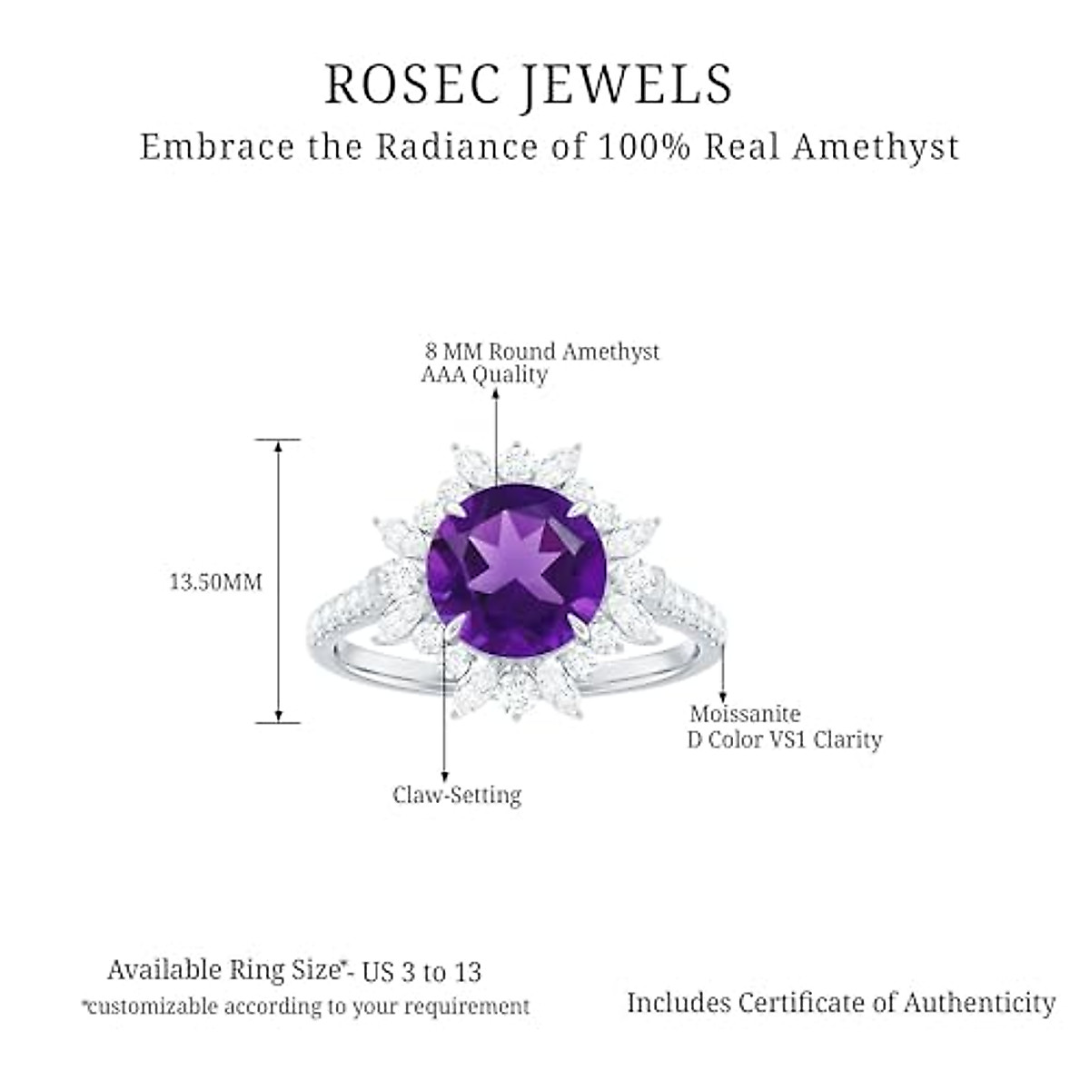 Rosec Jewels Certified Natural Amethyst Halo Engagement Ring with Moissanite, AAA Quality, Cocktail Ring - Ready to Gift, 14K Yellow Gold, Size:US 10.00