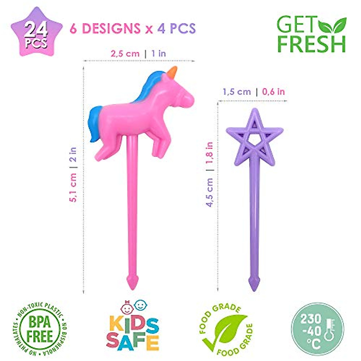 GET FRESH Food Picks for Kids – 24 pcs Unicorn Bento Food Picks for Toddlers Lunch Decoration – Cute Decorative Plastic Animal Food Picks for Children – Reusable Bento Box Toothpicks Set for Lunch
