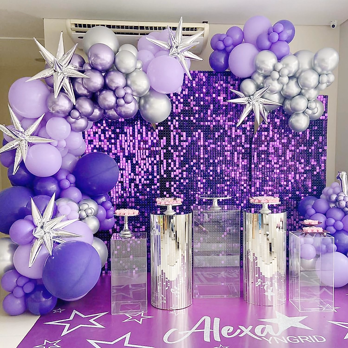 COKAOBE Purple Shimmer Wall Backdrop, 24 Panels Square Sequin Shimmer Backdrop, Photo Backdrops for Birthday, Anniversary, Wedding, Graduation & Bachelorette Party Decoration