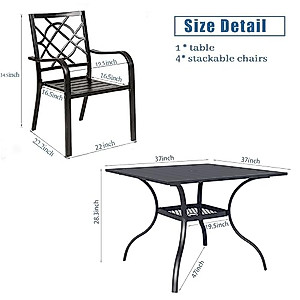 SOLAURA 5-Piece Outdoor Patio Dining Set, 4 Person Outside Table and Chairs Set, Metal Stacked Chairs of 4, Slat Table Top with 1.57" Umbrella Hole (Black)