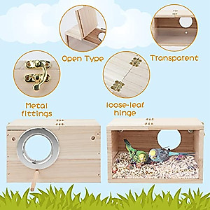 Rypet Parakeet Nesting Box Transparent Design, Bird Nest Breeding Box with Perch Wood Bird Cage House for Cockatiel Lovebirds Budgie Finch Parrotlets Canary