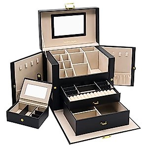 01 besharppin Jewelry Box, 3 Layers Jewelry Organizer with Mirror and Small Portable Case for Earrings Rings Necklaces Bracelet Storage (Black)