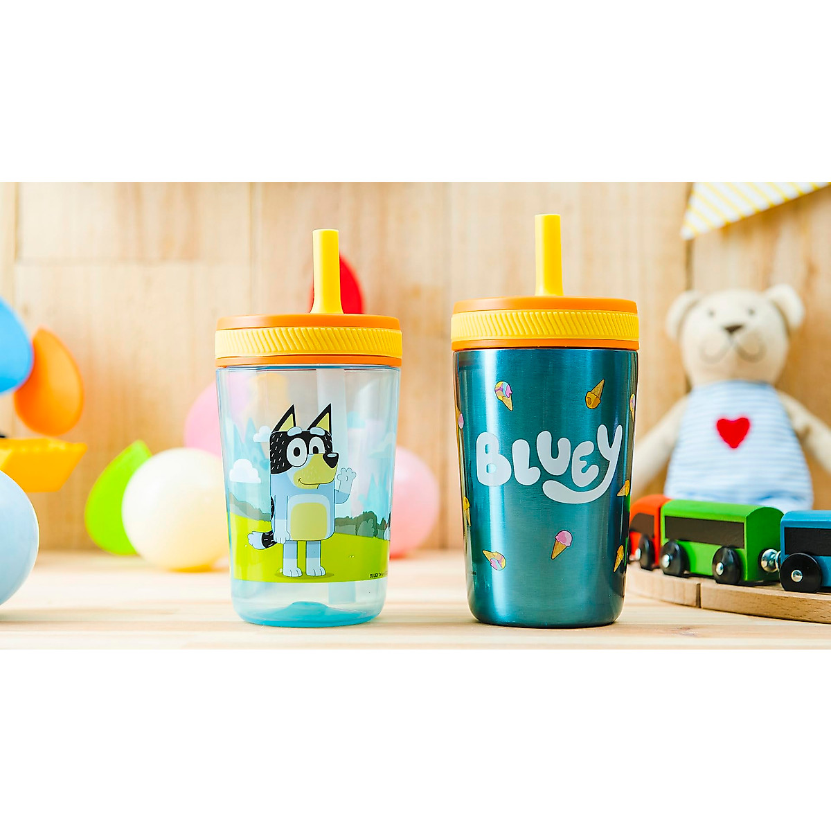 Zak Designs Bluey Kelso Tumbler Set, Leak-Proof Screw-On Lid with Straw, Bundle for Kids Includes Plastic and Stainless Steel Cups with Bonus Sipper, 3pc Set, Non-BPA