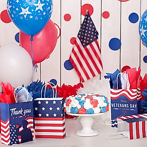 MIMIND 12 Pieces Veterans Day Gift Bags with Handle Patriotic Gift Bags with 24 Red Blue White Tissue Paper Thank You Veterans Goodie Gift Treat Bags for Veterans Day Memorial Day Independence Day