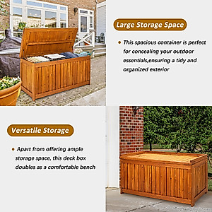 pnochoo 65 Gallon Solid Wood Deck Box, Garden Backyard Storage Bench, Waterproof Outdoor Storage Container for Patio Furniture Cushions Pool Supplies,Toys,Garden Tool,Sports Equipment