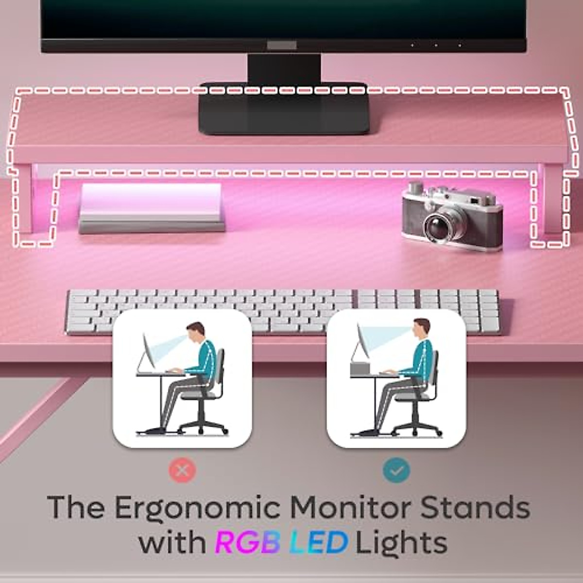 Bestier Small Gaming Desk with Monitor Stand, 42 inch LED Computer Desk, Gamer Workstation with Cup Holder & Headset Hooks, Modern Simple Style Desk for Home Office, Carbon Fiber Pink