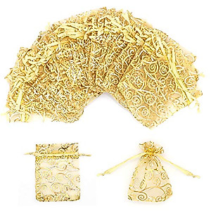 Staruby 100Pcs Gold Organza Bags 3x4 Inches Rattan Printed Organza Gift Bags Mesh Favor Bags Drawstring Jewelry Gift Pouches for Wedding Party Favors Baby Shower Christmas Gifts Candy Bags