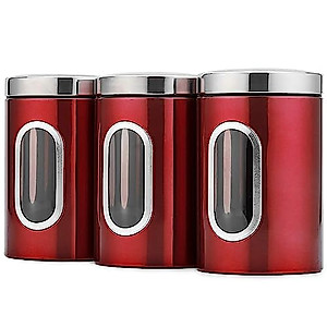 JENNIMER 3PC Kitchen Canister Set for Sugar Food Tea Coffee Candy Storage Jars Stainless Steel with Transparent Windows (Red)