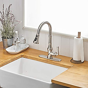 Kitchen Faucet Brushed Nickel with Pull Out Sprayer Commercial High Arc 3 Functions Farmhouse Faucet for Kitchen Sink Single Handle Single Hole with Deck Plate Kitchen Faucets by BWE