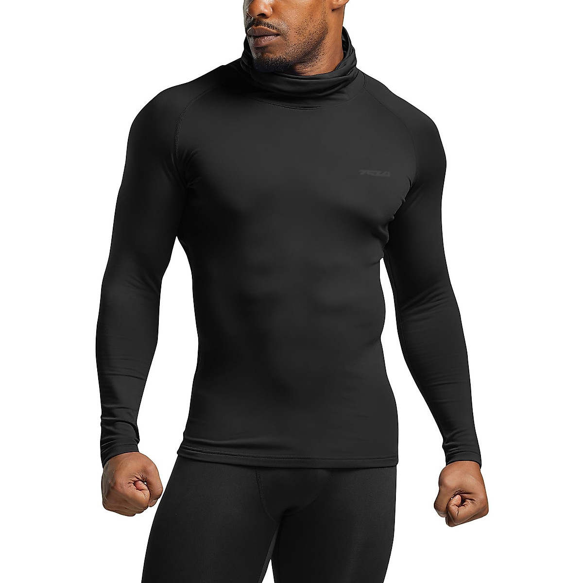 TSLA Men's Thermal Compression Shirts Hoodie with Mask, Long Sleeve Winter Sports Base Layer Top, Active Running Shirt, Heatlock Hoodie Black, X-Large