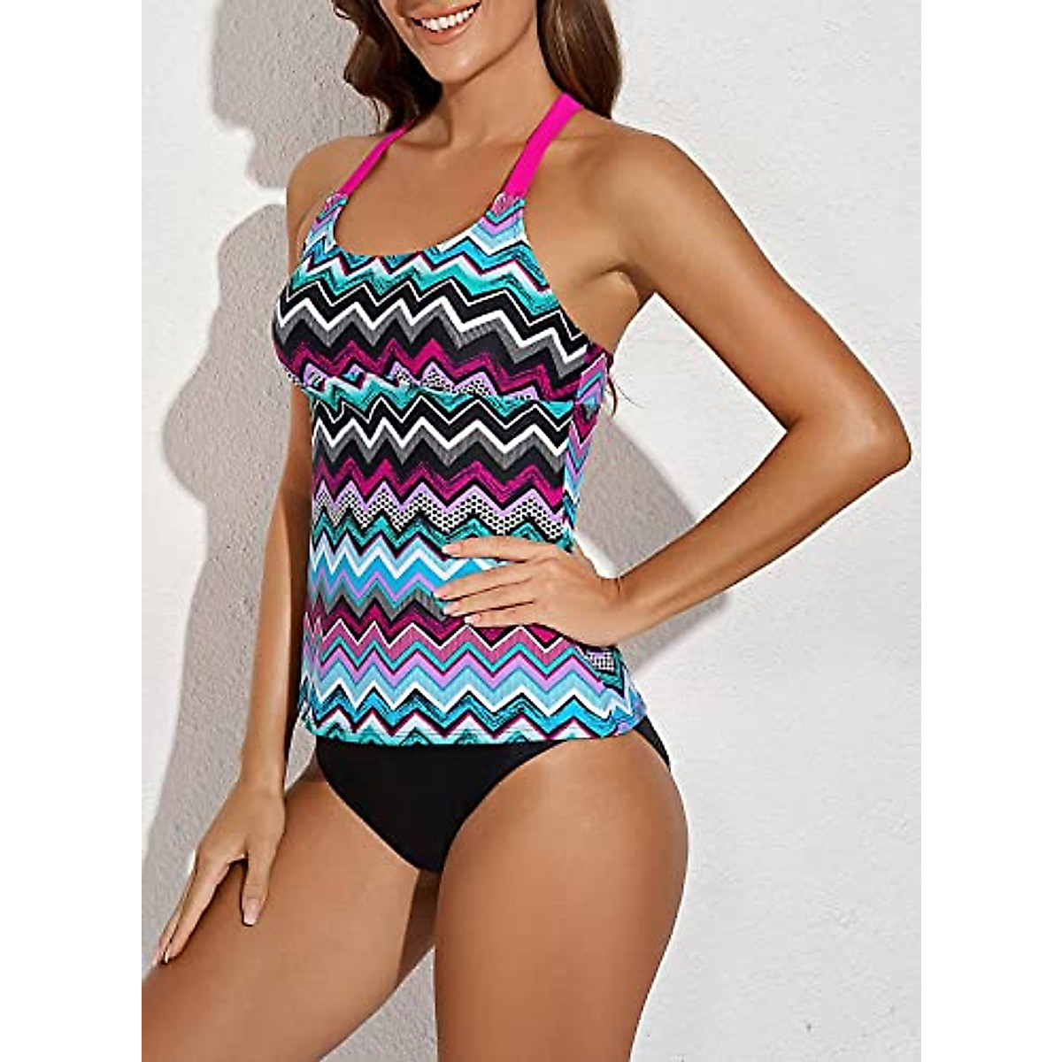 Aleumdr Womens Ladies Striped Zigzag Print Color Block Open Back Bandeau Blouson Push up Tankini Swim Bikini Top No Bottom Swimsuit Bathing Suit Swimwear Purple Plus Size 3XL 22 24