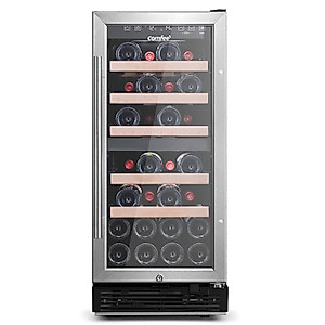 COMFEE' CRW28B7AST Freestanding & Built-in Wine Cooler, 28 Bottles Wine Fridge, Dual Cooling Zone, Digital Control, Glass Door Stainless Steel Frame