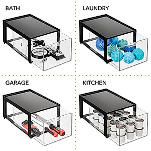 mDesign Plastic Stackable Office Storage Organizer Bin with Pull Out Drawer for Cabinet, Desk, Shelf, Cupboard, Cabinet, or Closet Organization - Lumiere Collection - 2 Pack - Black/Clear