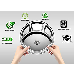 King International Stainless Steel Plates, Divided Dinner Plate Four Section Round Dinner Plates Set of 6, 11 Inches, Round Divided Dinner Plate, divided plates for adults, dinner plates