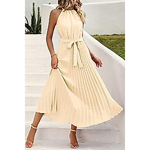 PRETTYGARDEN Women's Midi Summer Dresses Casual Halter Neck Swiss Dot Ruffle Sleeveless A Line Beach Sun Dress (Z_Apricot,Small)