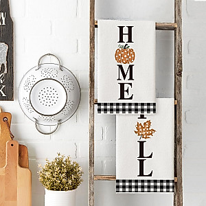 Artoid Mode Buffalo Plaid Pumpkin Home Fall Kitchen Towels Dish Towels, 18x26 Inch Seasonal Maple Leaf Decoration Hand Towels Set of 2