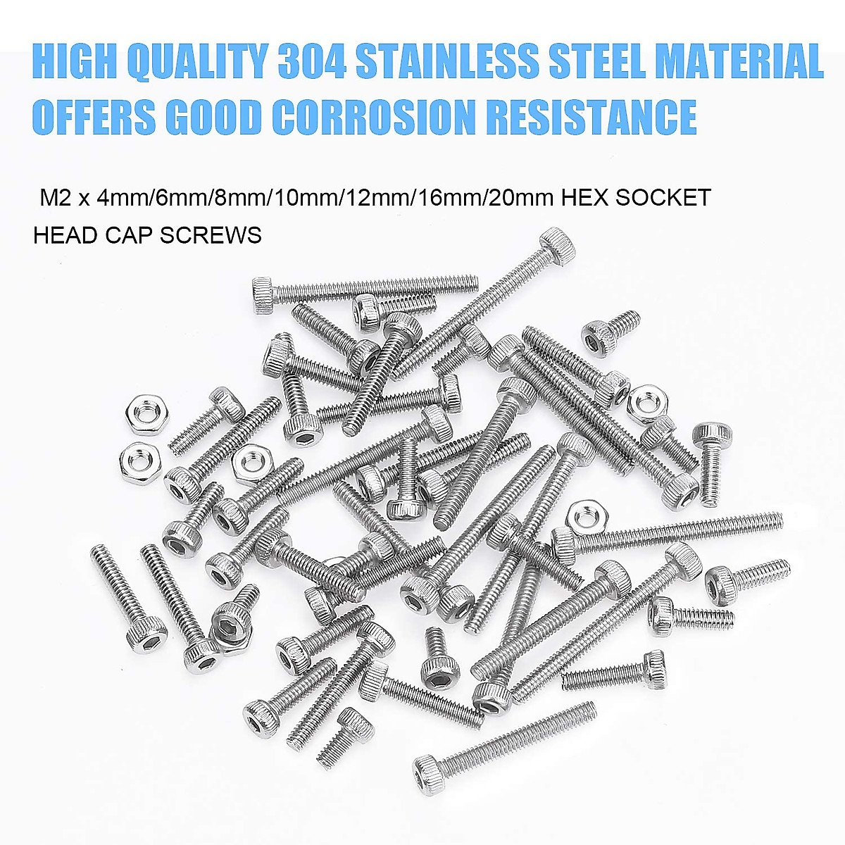 DYWISHKEY 310 Pieces M2 x 4mm/6mm/8mm/10mm/12mm/16mm/20mm, Stainless Steel 304 Hex Socket Head Cap Bolts Screws Nuts Kit with Hex Wrench