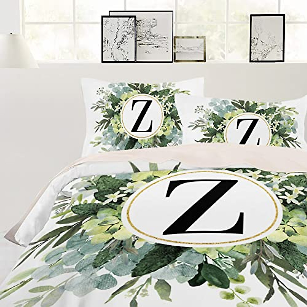 Queen Duvet Cover Set - Eucalyptus Leaves 4 Pcs Comforter Cover Bedding Sets with Zipper Closure, Z Monogram Letter Watercolor Teal Botanical Microfiber Bed Sheet Soft Quilt Cover with 2 Pillow Shams