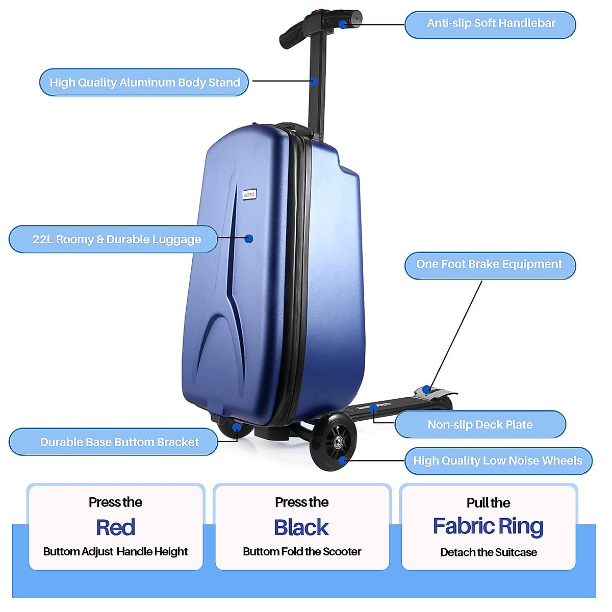 iubest Scooter Luggage Carry On Scooter Suitcase for Kids Age 4-15, Detachable & Foldable 4 in 1 Kids Suitcase, Multifunctional Ride On Travel Trolley Scooter Combo-Blue