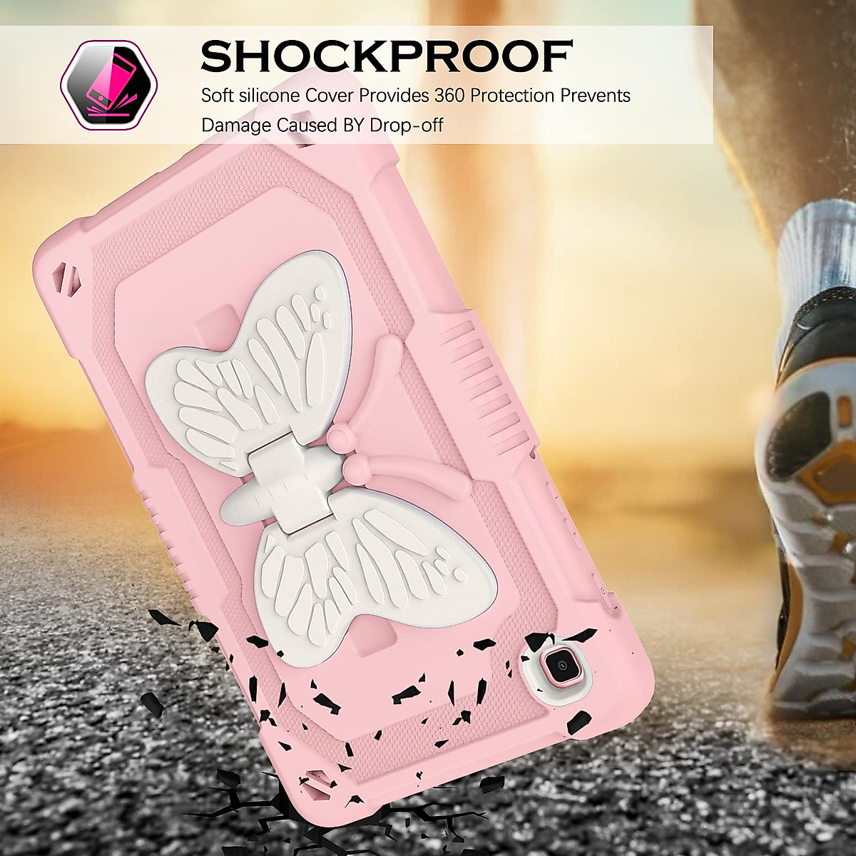YINLAI Case for Samsung Galaxy Tab A7 Lite, Tab A7 Lite Case 8.7 Inch Silicone Kids Girls with Butterfly Kickstand Shockproof Protective Tablet Cover for Samsung Tab A7 Lite SM-T225/T220/T227, Pink