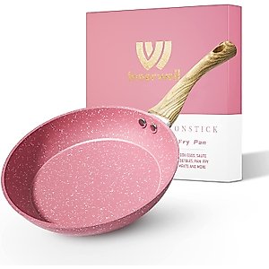 Frying Pan Nonstick, 11 Inch Pink Egg Pan, Non Stick Fry Pan 100% PTFE PFOA-Free Omelet Pan, Toxin-Free Skillets Stone Cookware, Anti-Warp Base with All Stove Tops Available, Induction Compatible
