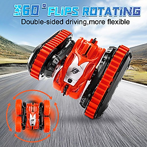 Makerfire Stunt Remote Control Car,2-in-1 Rc Cars 2.4GHz Double-Sided Driving 360° Flips Rotating with Headlights RC Crawler,4WD Car Toy Gift for Kids, Suitable for Playing on Grass,Sand,Snow-Orange