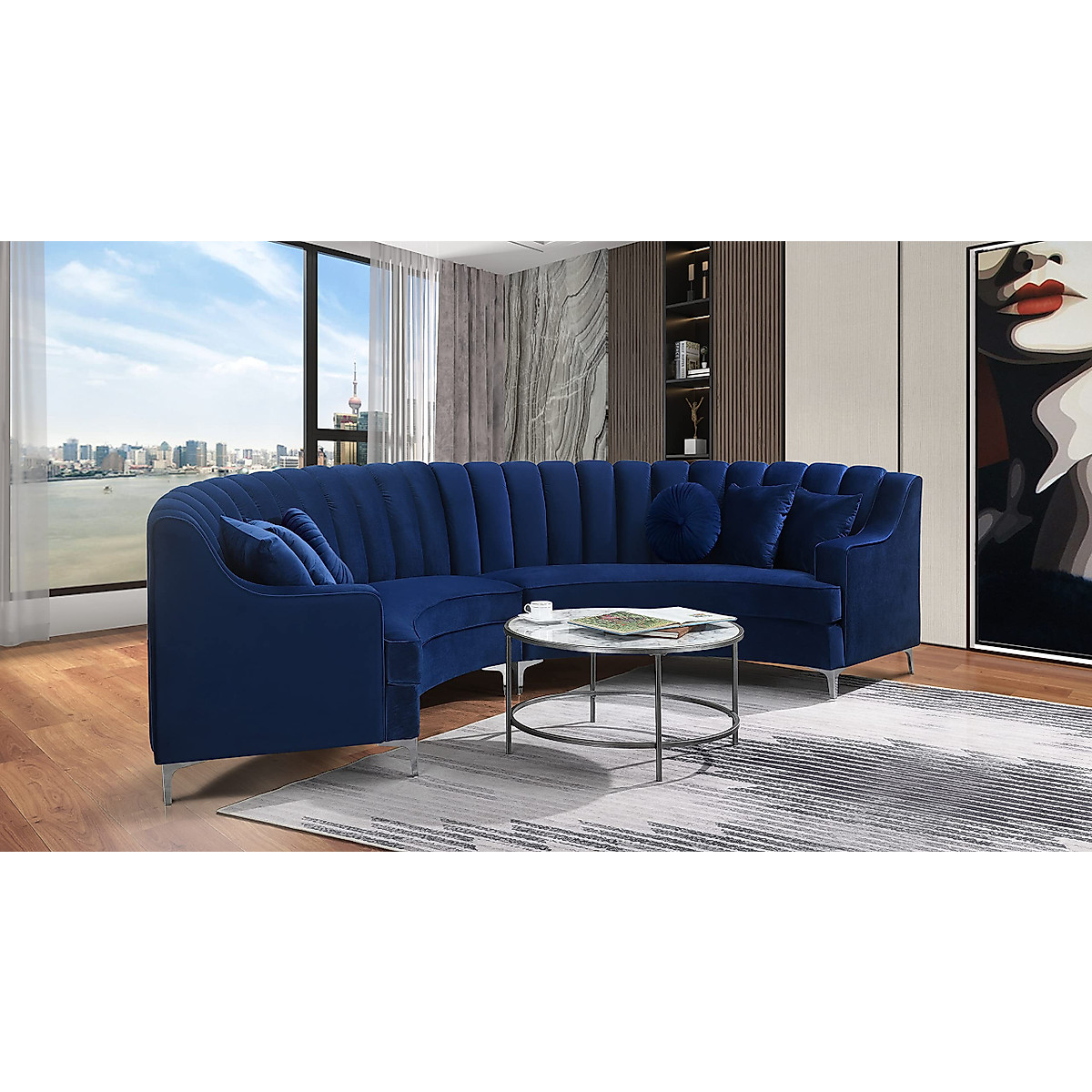 Legend Furniture Curved Sofa Velvet Symmetrical Modular Round couches for Living Room Sectional, 142" L x 32" D x 36" H, Blue