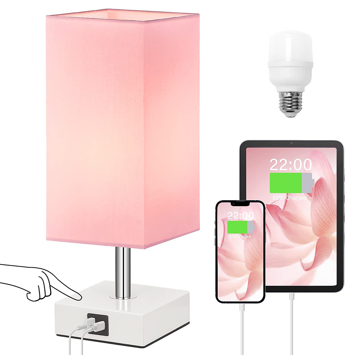 Ambimall Touch Control Table Lamp with 2 USB Charging Ports, 3 Way Touch Lamps Beside Desk, Nightstand Lamp for Bedrooms Living Room, Pink Shade with White Base, LED Bulb Included(Pink)
