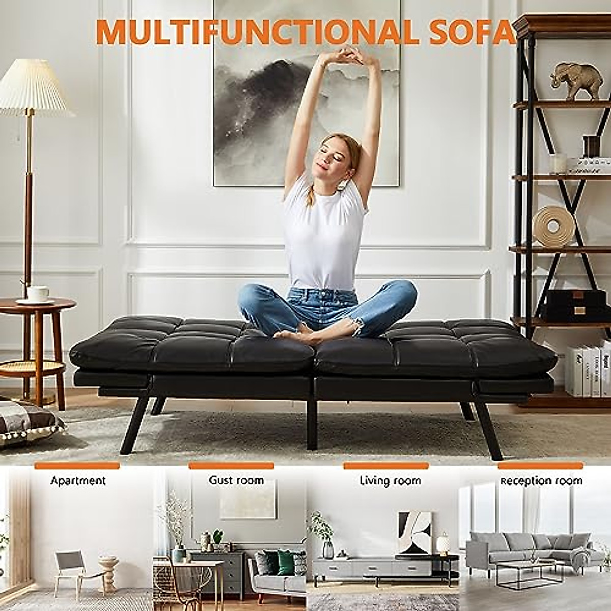 Sweetcrispy Comfortable Futon Sofa Bed, Convertible Adjustable Sofa Bed Couch, Memory Foam Loveseat for Efficient Home and Office Use, Black