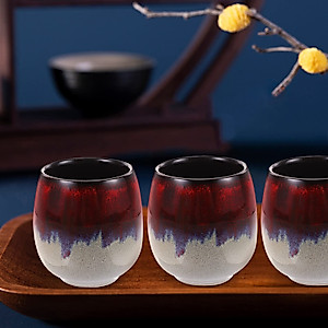 Didiseaon Handleless Ceramic Cup Ceramic Kiln-change Espresso Cup Small Coffee Cup Chinese Kung Fu Tea Cup Vintage Pottery Teacup Tasting Cup 80ml Red Asian Tea Cup