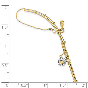 FB Jewels 14k White and Yellow Two Tone Gold 3D Fishing Pole with white Reel Moveable Pendant