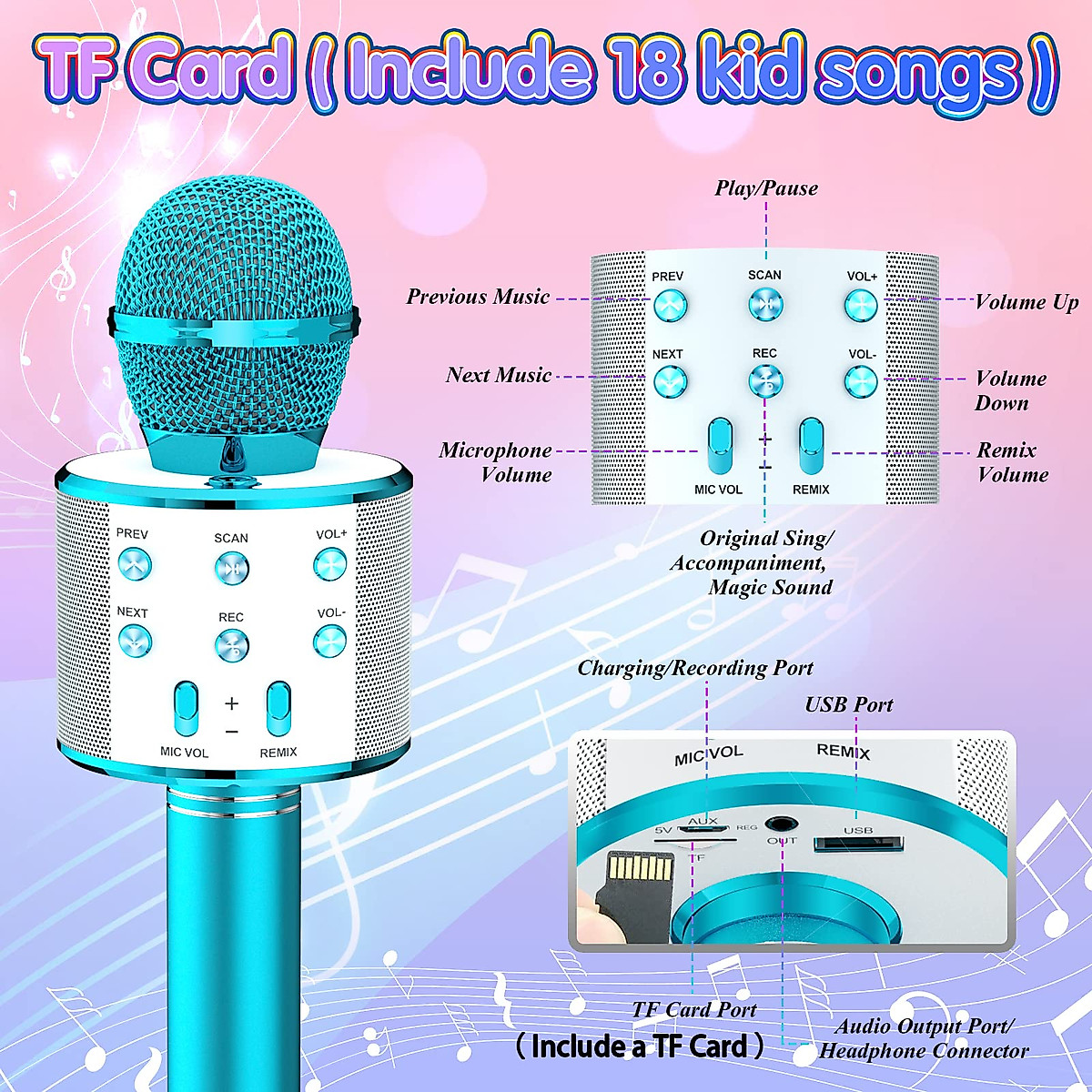 Kingci Kids Microphone, Girls Toy Microphones for Toddler Singing Bluetooth + 18 Pre-Loaded Nursery Rhymes, Birthday Gifts Toys Microphone for 3 4 5 6 7 8 9 10 12 Year Old Girls Boys