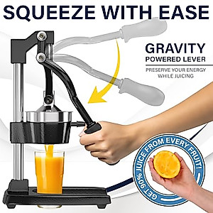 Eurolux Cast Iron Citrus Juicer | Extra-Large Commercial Grade Manual Hand Press | Heavy Duty Countertop Squeezer for Fresh Orange Juice (Bonus Stainless Steel Cup) (Black)