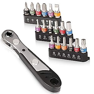 Tonsiki Right Angle Screwdriver 19PCS Mini Ratchet Set Low Profile Offset Screwdriver Bit Set 90 Degree Screwdriver with 36-Teeth Ratcheting Wrench for Tight Space