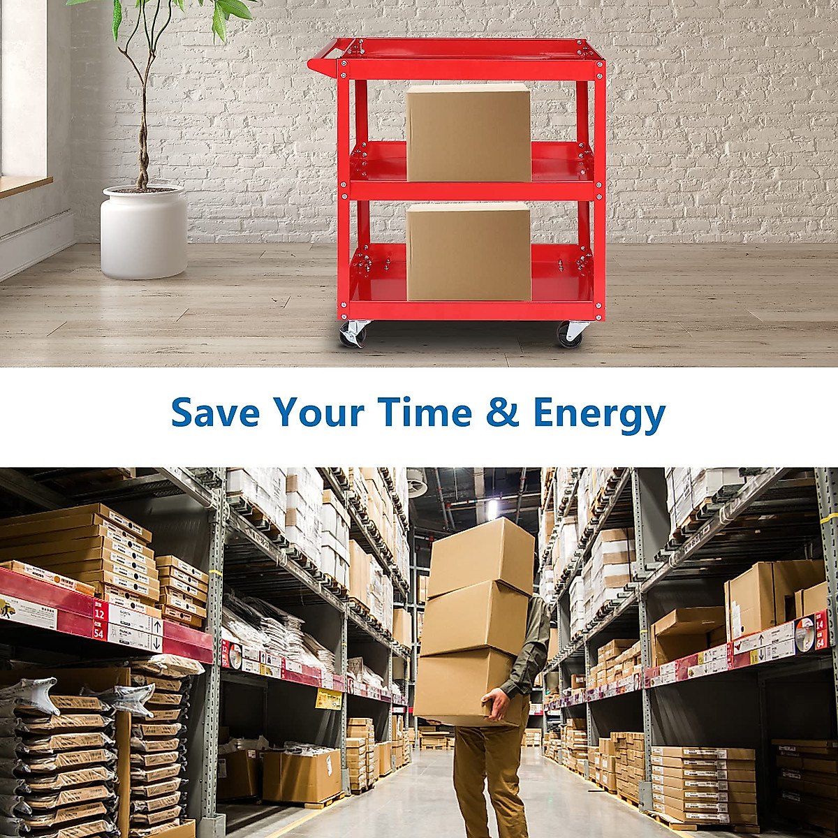 TUFFIOM 3 Tier Rolling Tool Cart, 330 Lbs Capacity, Red, 3 Shelves Steel Utility Cart for Garage, Workshop, Warehouse & Repair Shop