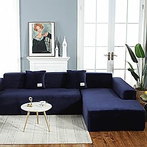 IMYOGI High Stretch Sofa Covers Super Stretch Couch Cover 1 2 3 4 Seater Thick Velvet-Plush Sofa Slipcover Non Slip Washable L-Shaped Sofa Protector with Elastic Bottom -Navy Blue-4 Seater 235-300cm