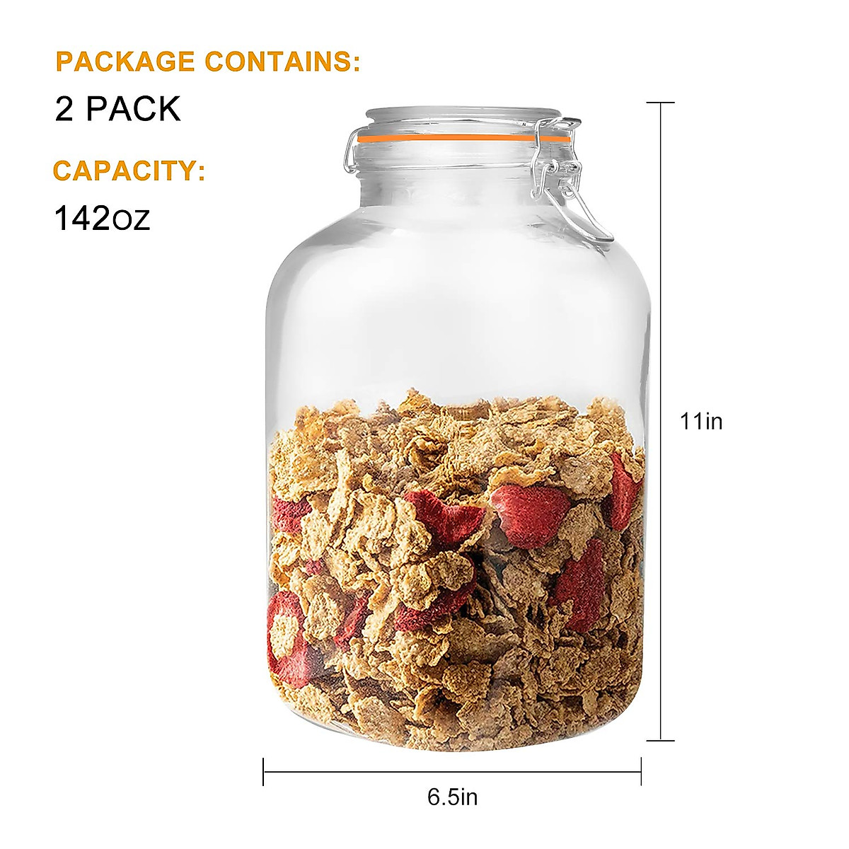 142 oz Large Glass Jars,Canning Jars With Airtight Lid And Leak Proof Rubber Gasket 4L,Mason Jars With Hinged Lids,Gallon Jars For Fermenting,Big Kitchen Canisters,Storage Containers For Food 2 Pack …