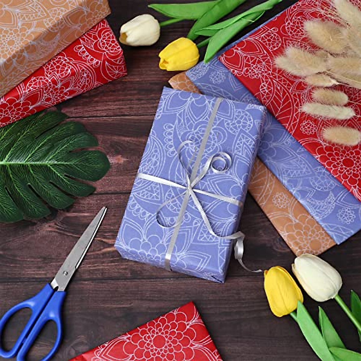 Kavoc 60 Sheets Paisley Blue Red Gift Tissue Paper,20" x 20" Brown Boho Wrapping Art Tissue Paper for Western Cowboy Theme Party Decoration (Red)