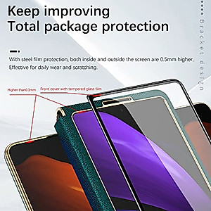 EAXER Compatible with Samsung Galaxy Z Fold 3 5G Case Metal Stand Front with Tempered Glass Cover Luxury Leather Hybrid Plating PC with Kickstand Cover Shockproof Protective Fold Case (Black)