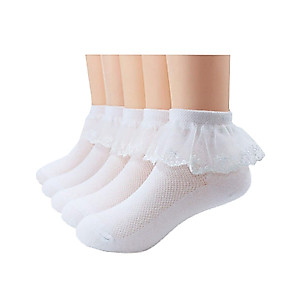 5 Pack of Girls White Lace Ruffle Socks Cotton Baby, M(3-6T)