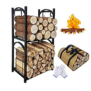 luseiya 2 Tiers Firewood Log Storage Rack with Carrier - Wood Holders, Wood Stacking Rack for Indoor Fireplace or Outdoor Patio for Wood Stove, Hearth, Fire Pit, Black