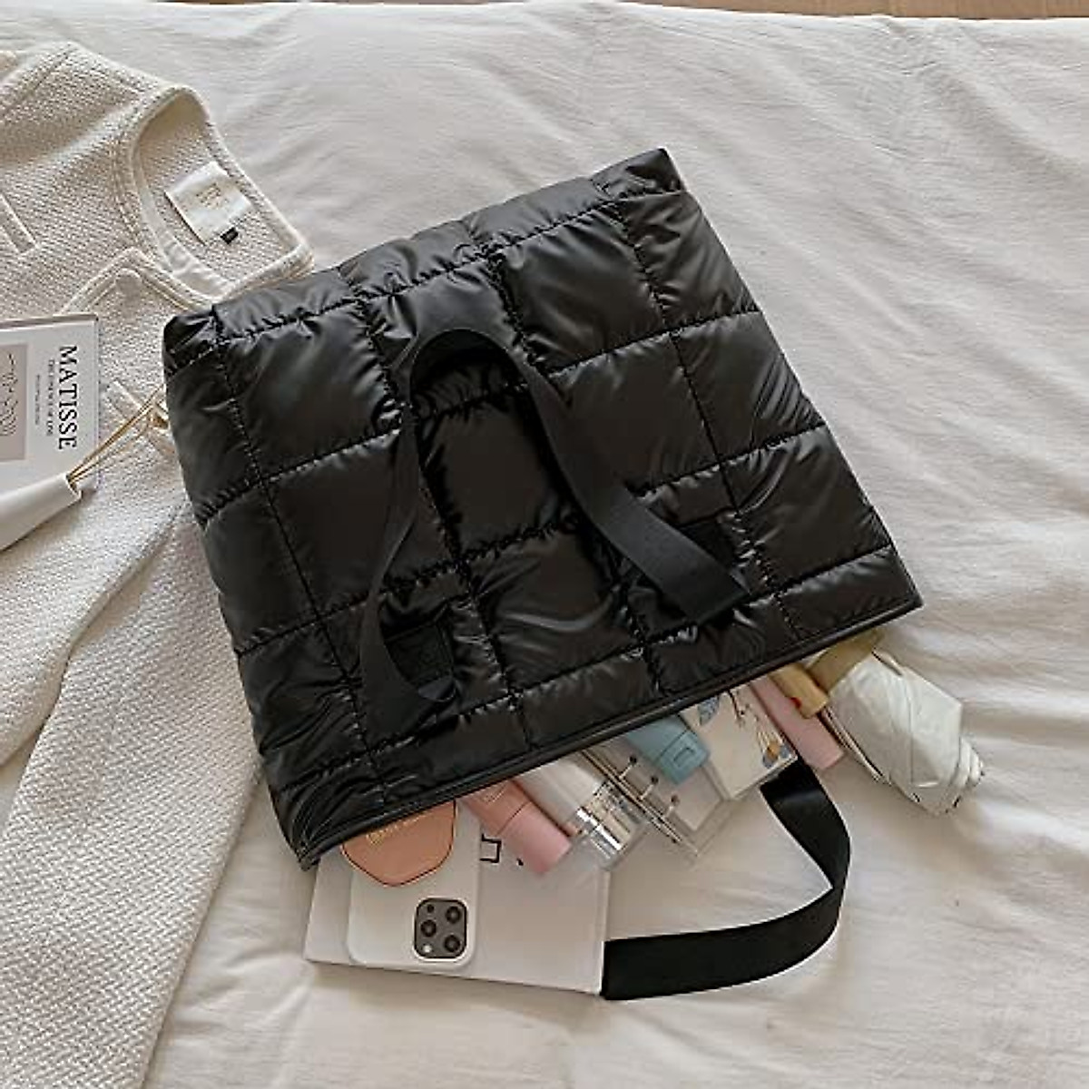 AZURAOKEY Puffer Tote Bag for Women, Women Nylon Shoulder Bag Design Space Padded Messenger Bag Solid Color Handbag