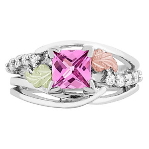 Princess-Cut Created Pink Sapphire and CZ Ring, Sterling Silver, 12k Green and Rose Gold Black Hills Gold Motif, Size 8.25